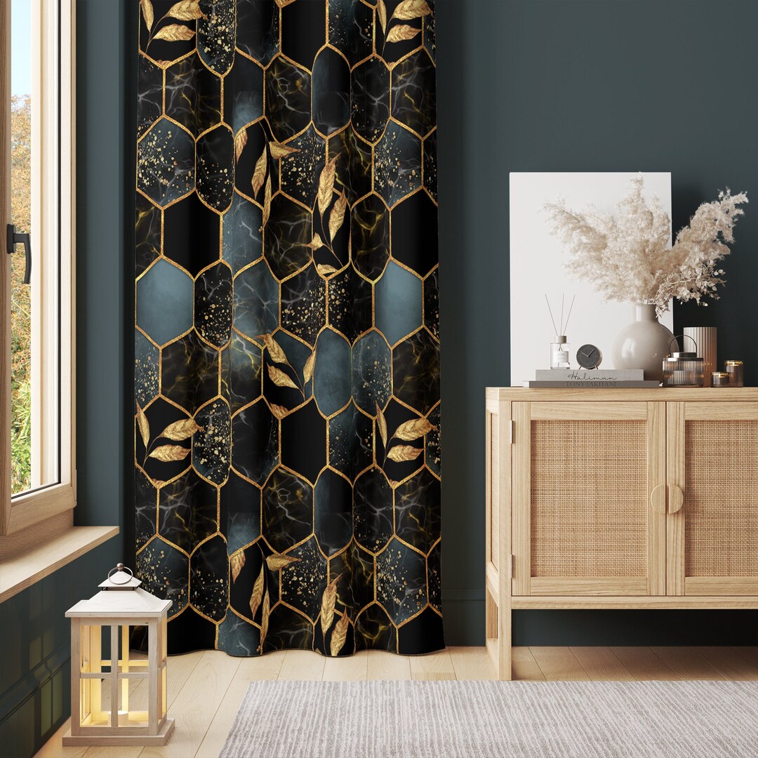 Gold Hexagon Window Curtain, Vintage Dark Decor, Cotton, Sheen or ...
