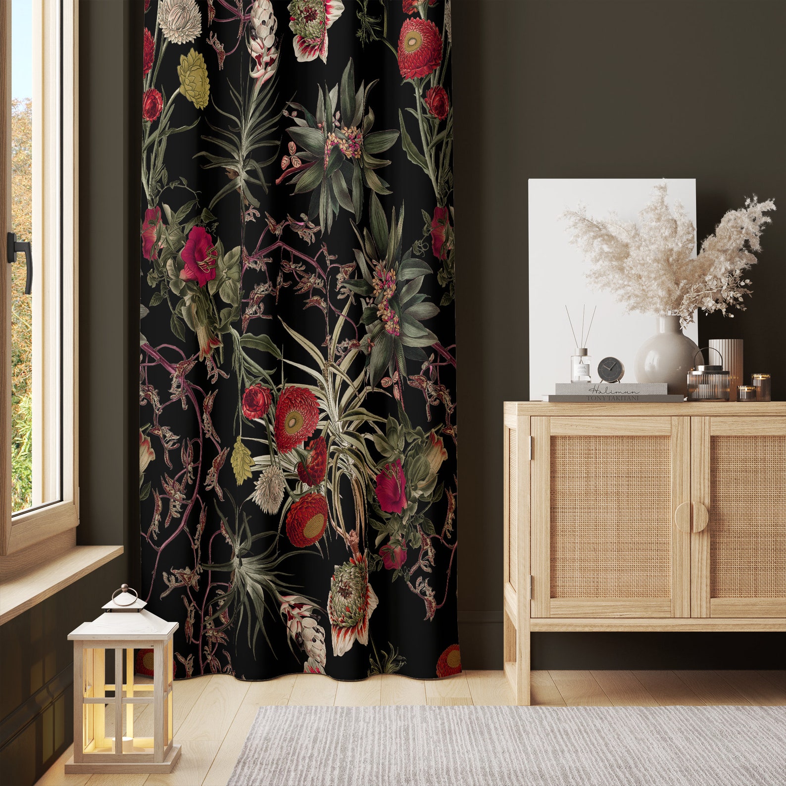 Red Flowers on Black Window Curtain, Black Curtain, Cotton, Sheen or ...