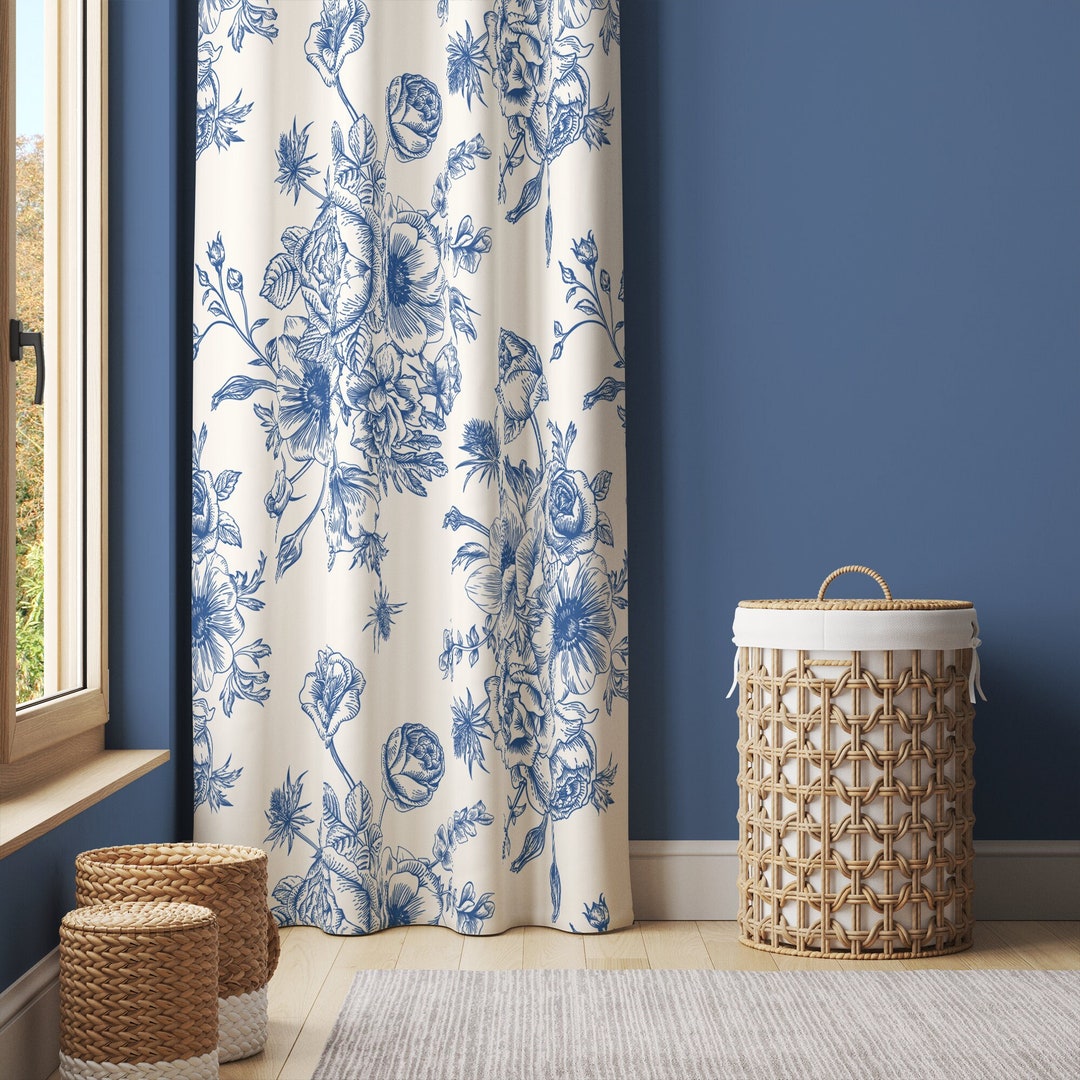 Blue Flower Nature Window Curtain, Cotton, Sheen or Blackout Curtain ...