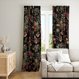 Red Flowers on Black Window Curtain, Black Curtain, Cotton, Sheen or ...
