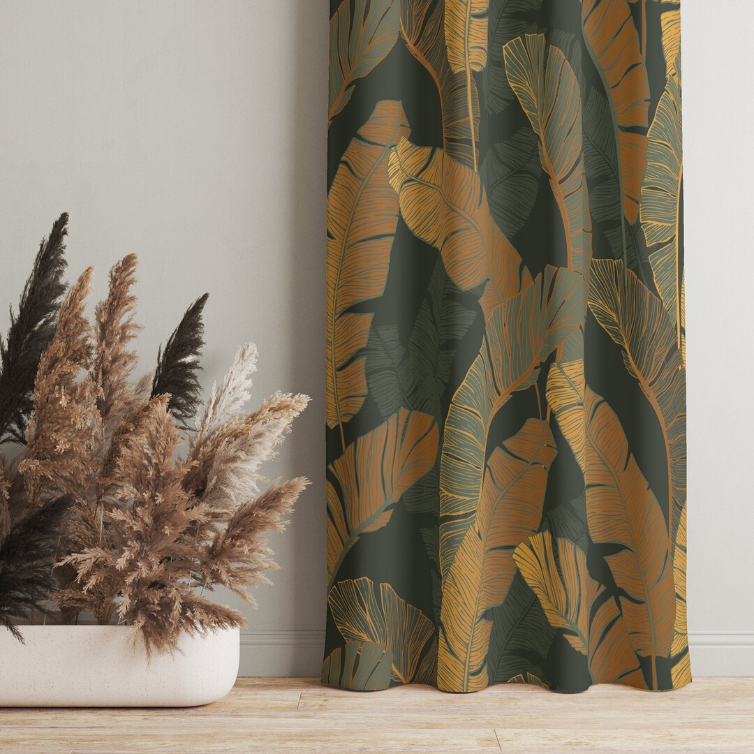 Gold and Green Feathers, Window Curtains, Cotton, Sheen or Blackout ...