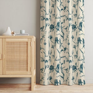 Birds Pattern Window Curtain, Flying Birds Blue Twigs, Cotton, Sheen or ...