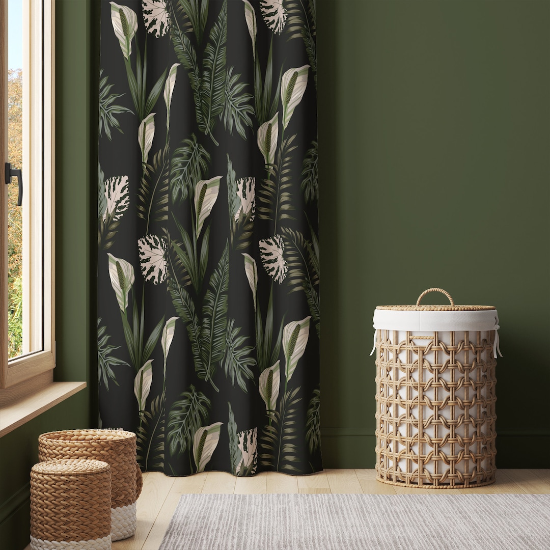 Green Tropical Leaves, White Flowers, Cotton, Sheen or Blackout Curtain ...