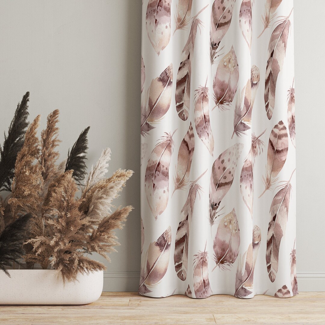 Pink Feathers Curtain, Watercolor Feathers, Cotton, Sheen or Blackout ...