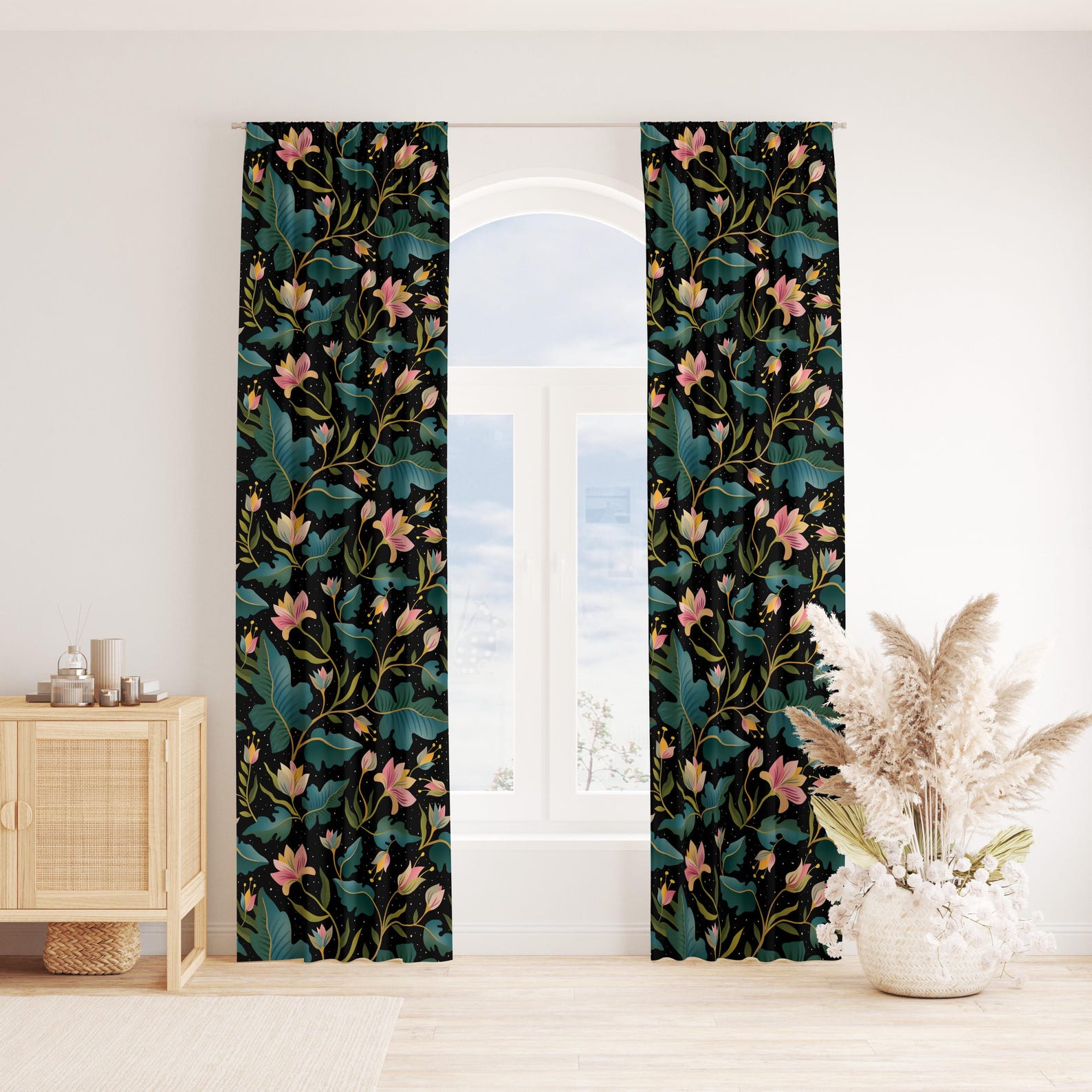 Dark Garden Curtain, Floral Boho, Bedroom Window Curtains, Cotton ...