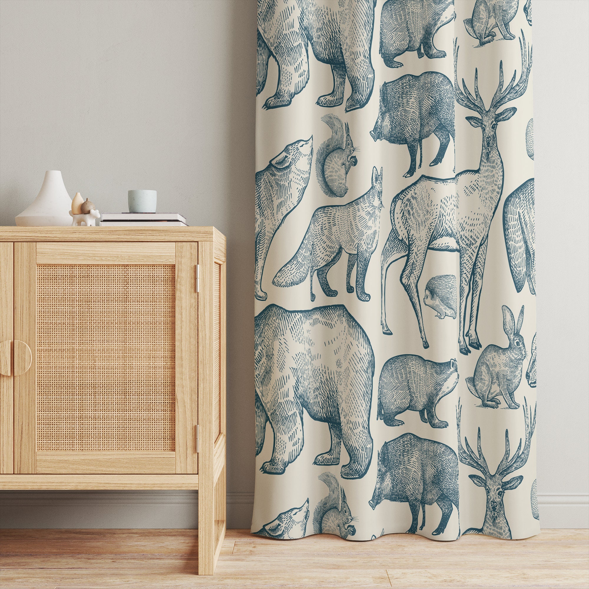 Wild Fauna Window Curtain, Bear, Deer, Fox, Boar, Cotton, Sheen or ...