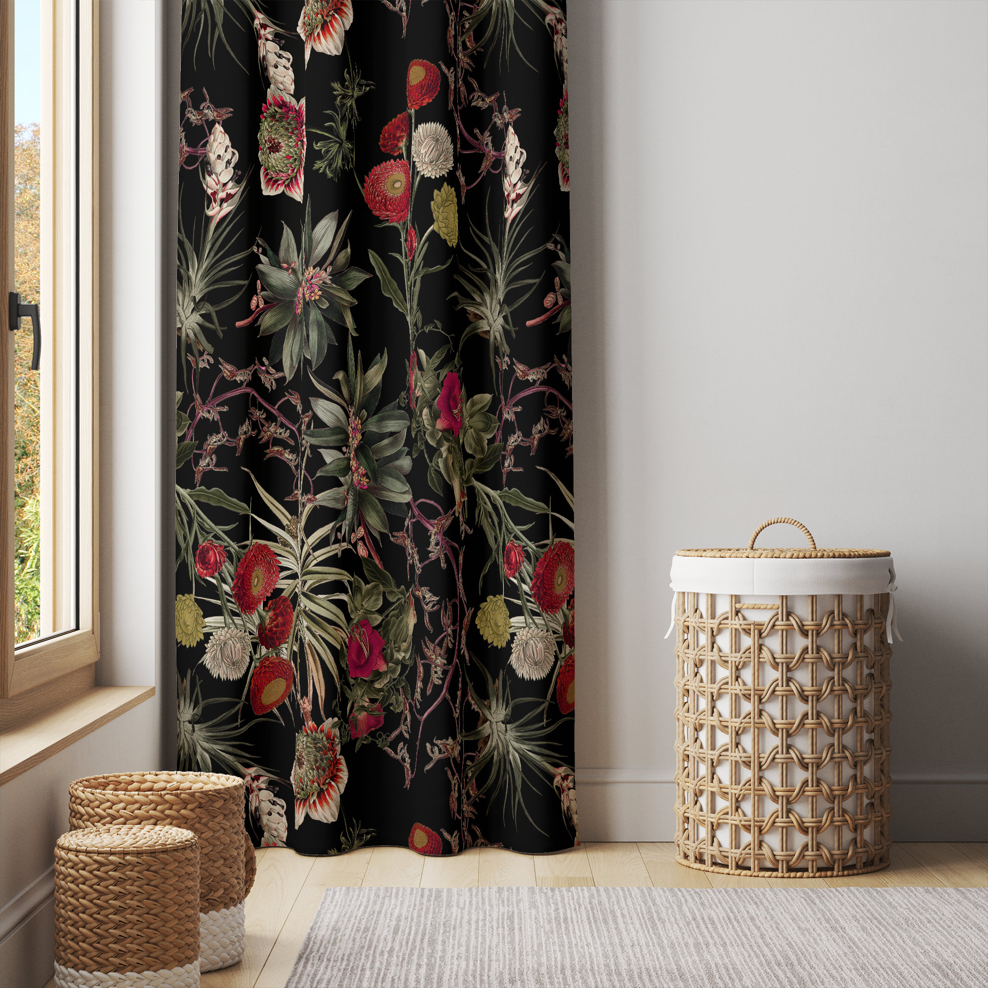Red Flowers on Black Window Curtain, Black Curtain, Cotton, Sheen or ...