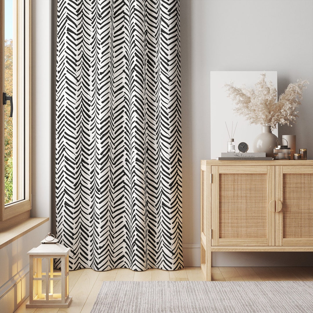 Black Herringbone Window Curtain C321 Geometric Curtain, Decorative ...