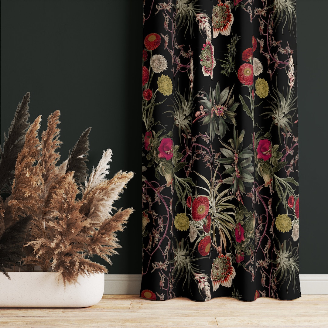 Red Flowers on Black Window Curtain, Black Curtain, Cotton, Sheen or ...