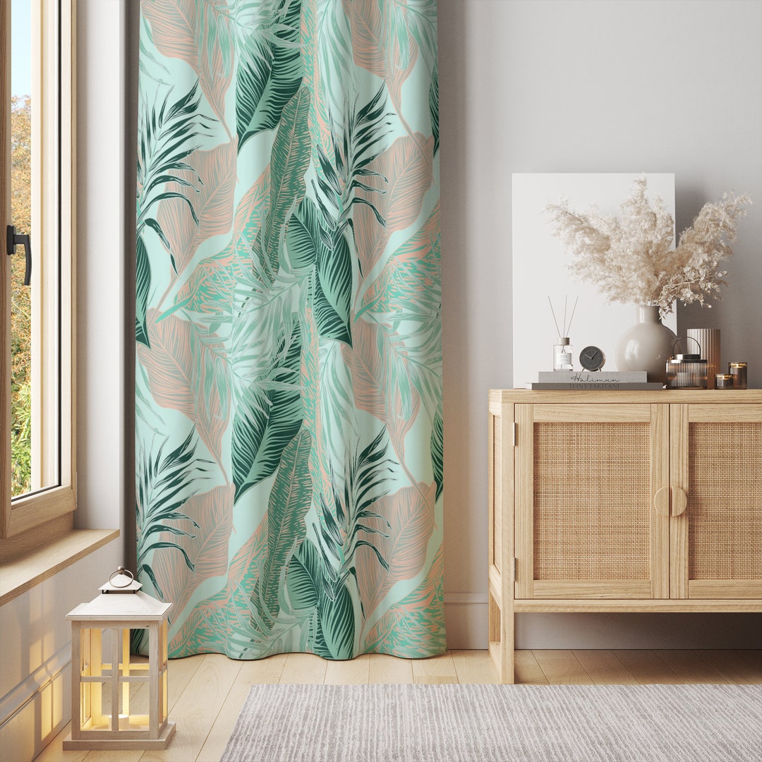 Turquoise Tropical Leaves Curtain, Jungle Pattern, Cotton, Sheen or ...