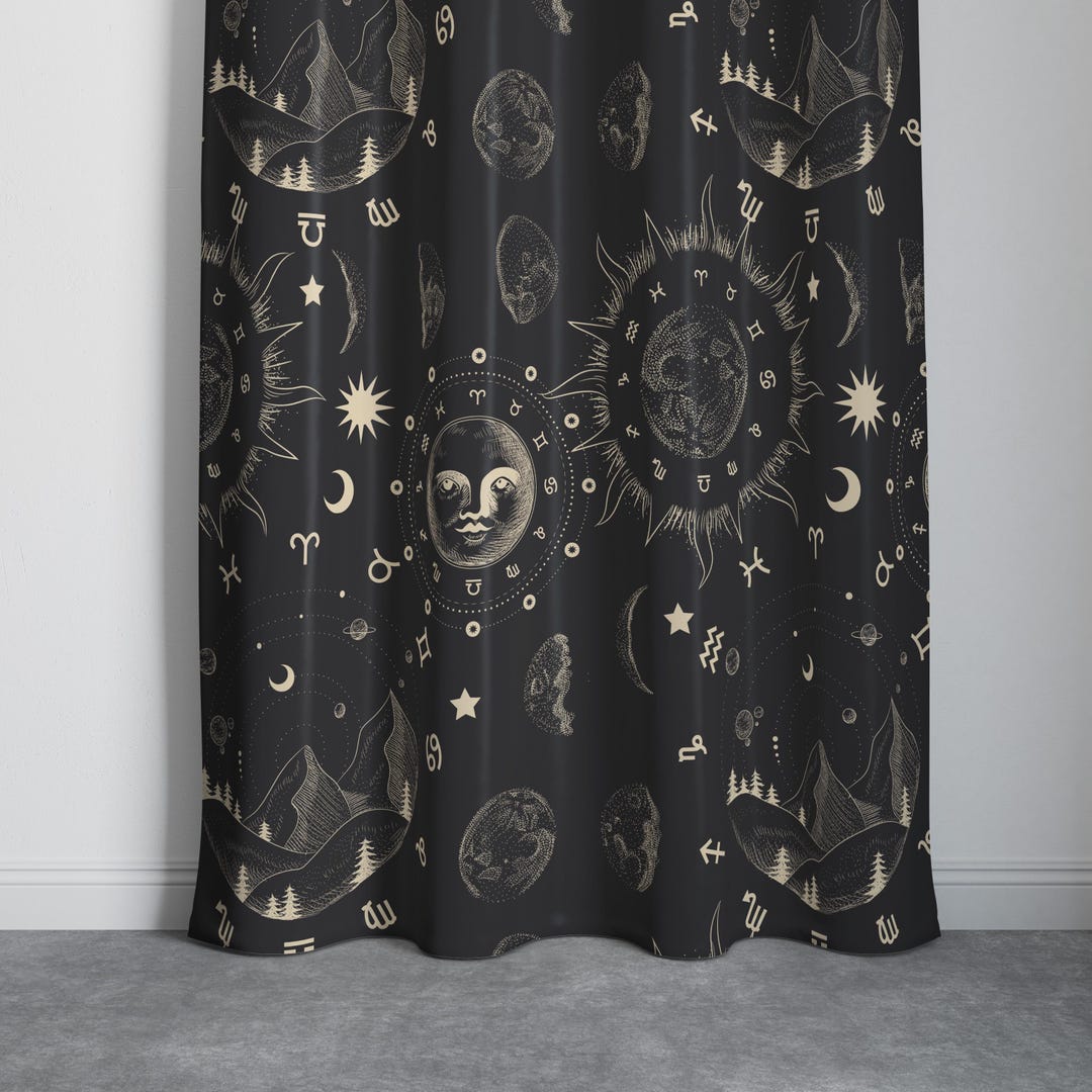 Moon Phases Dark Moody Curtain, Retro Window Curtain Cotton, Sheen or ...