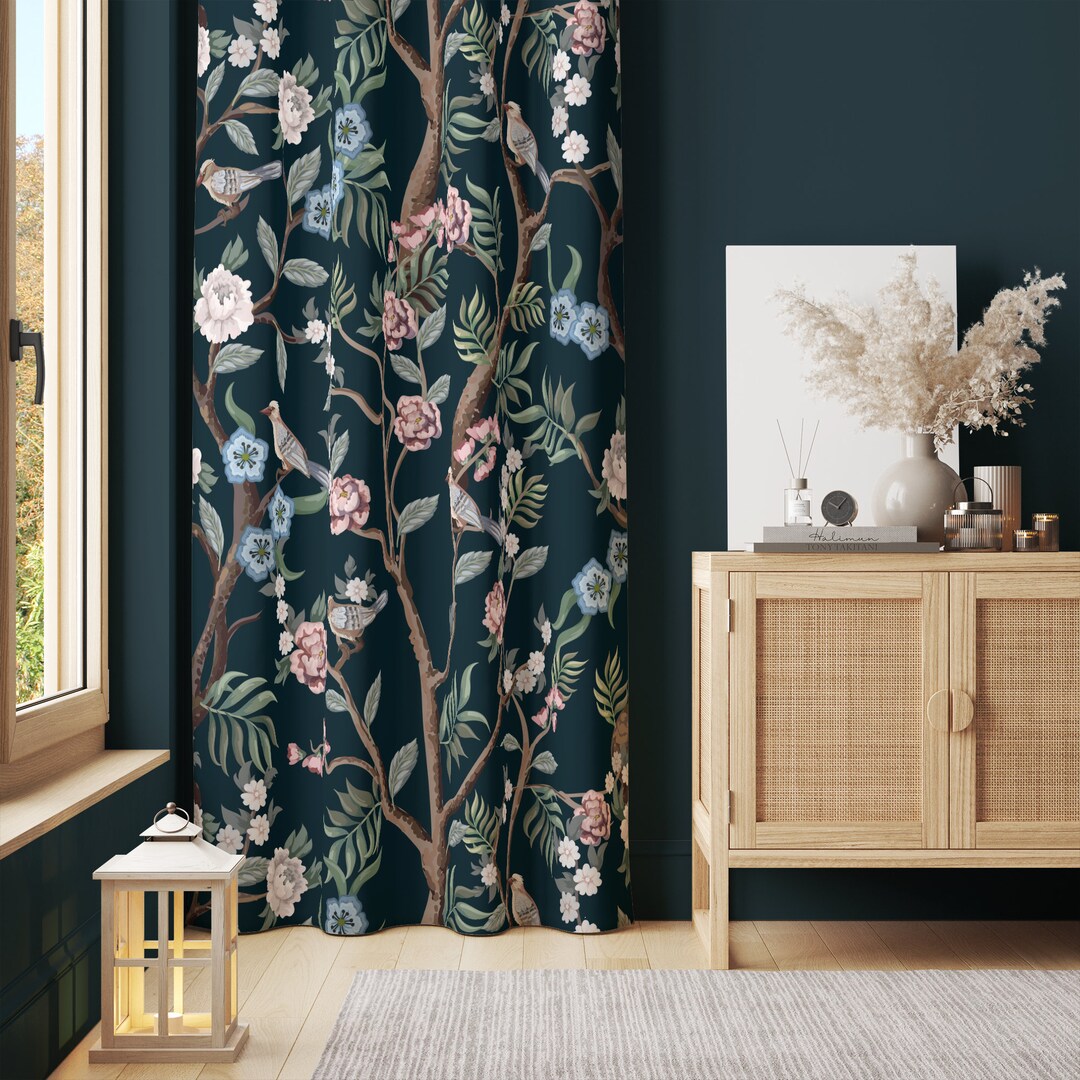 Tropical Tree Branches, Dark Blue Curtains, Bird, Cotton, Sheen or ...
