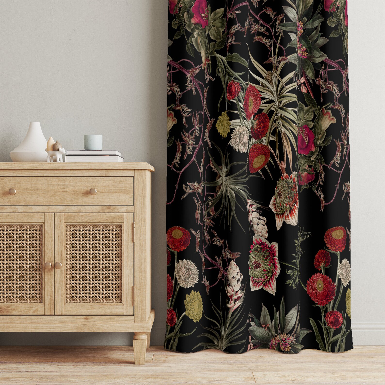 Red Flowers on Black Window Curtain, Black Curtain, Cotton, Sheen or ...