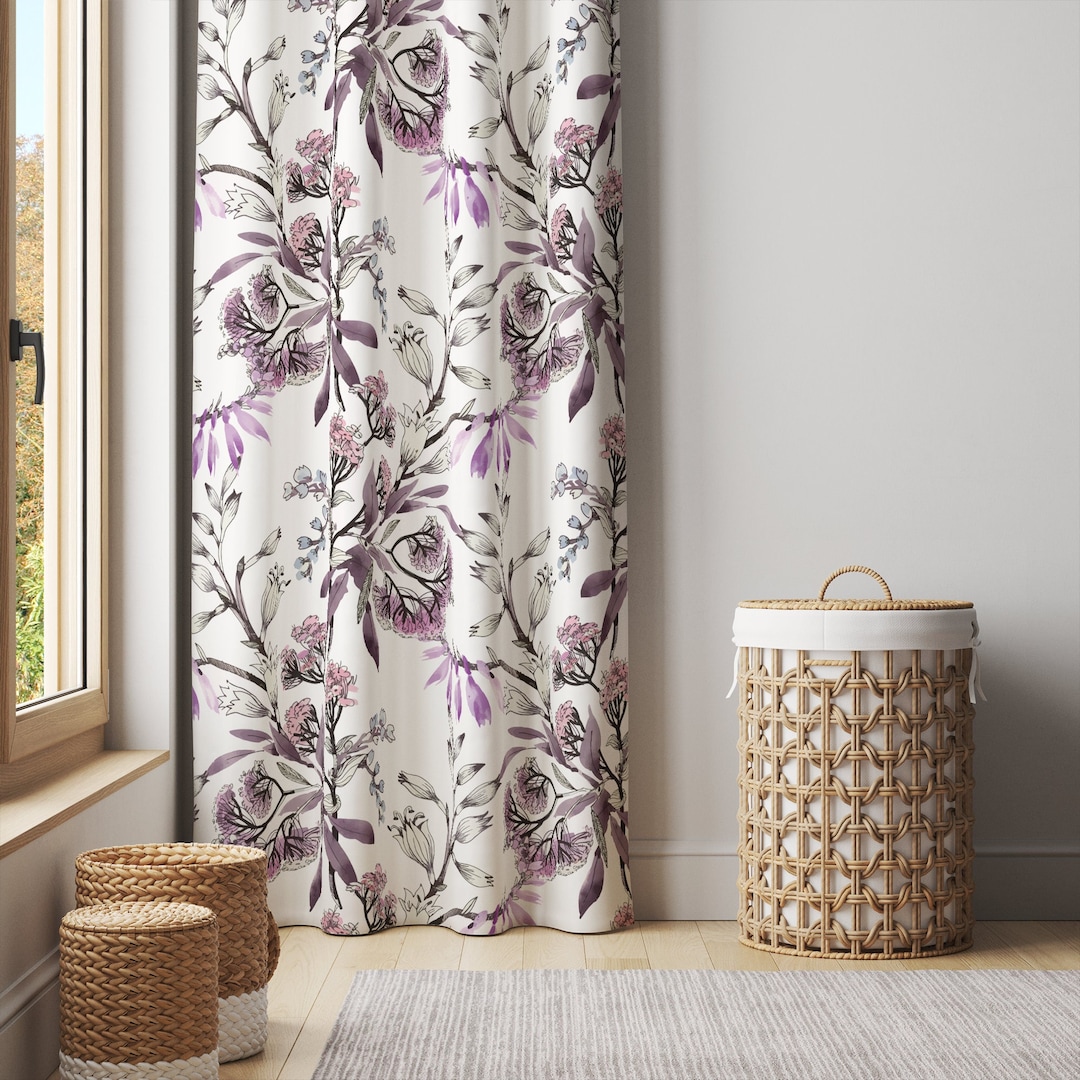 Watercolor Purple Flowers Curtain, Cotton, Sheen or Blackout Curtain ...