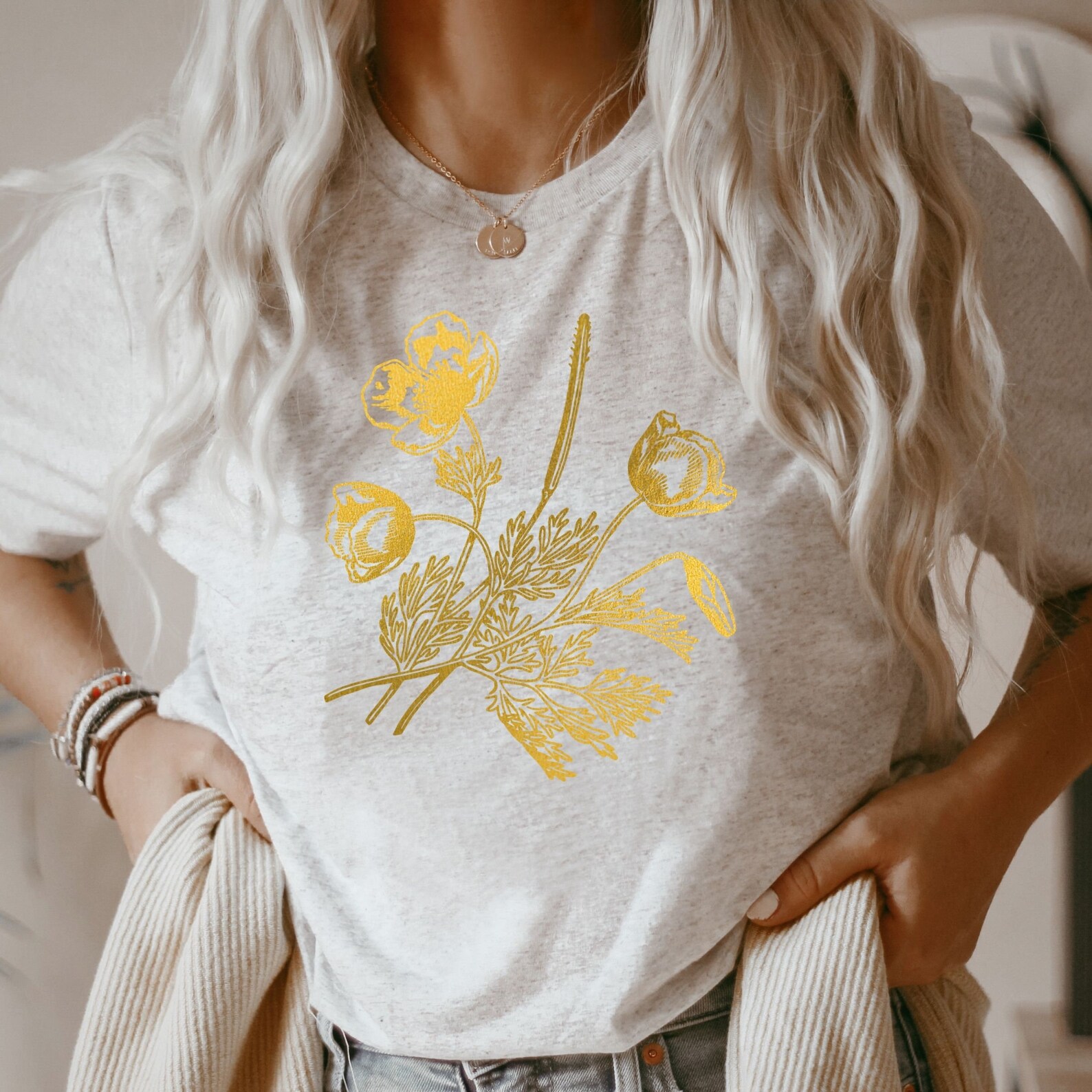 Yellow Flower Graphic Tee, Cute Yellow Flower and Stems Shirt, Boho ...