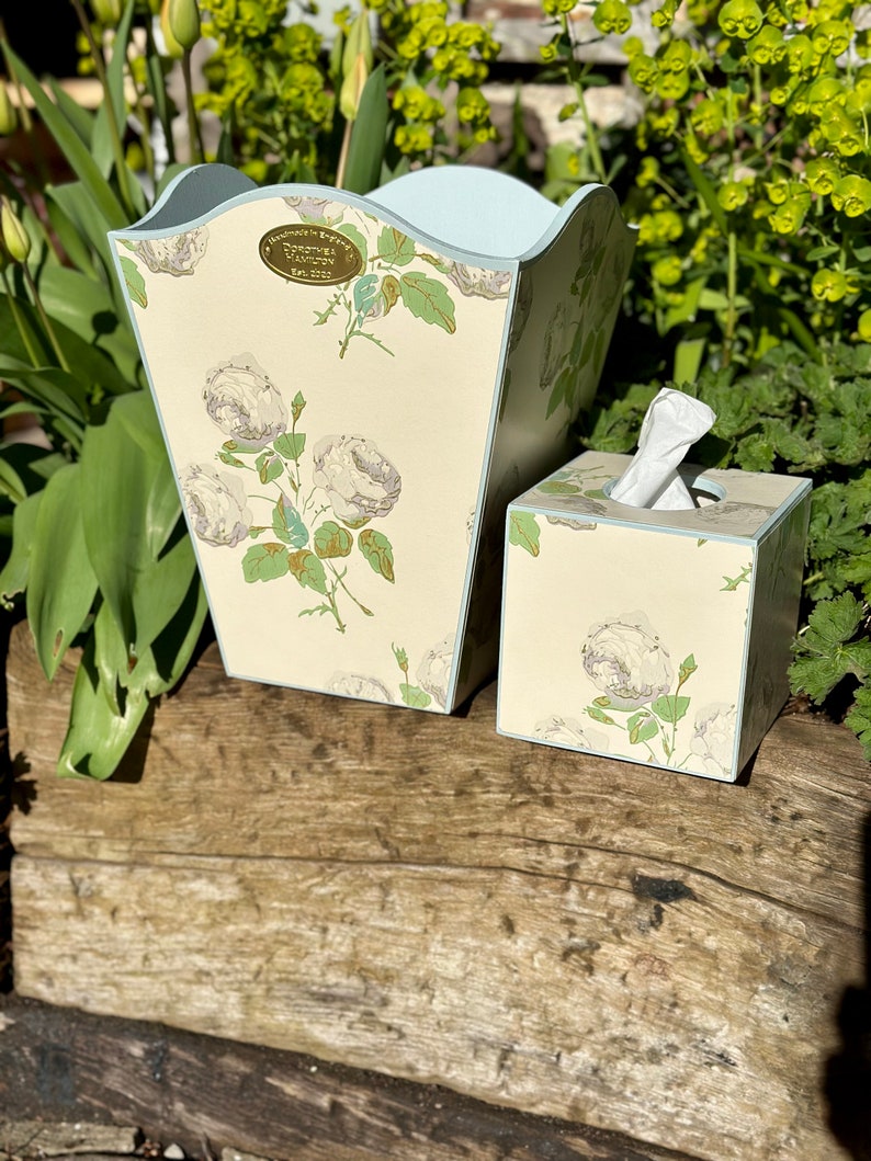 Bowood Roses Grey Green ‘colefax and Fowler’ Wastepaper Bin & Tissuebox ...