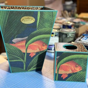 Tropical Fish Leopard Lined Waste Paper Bin & Tissuebox Cover Basket ...