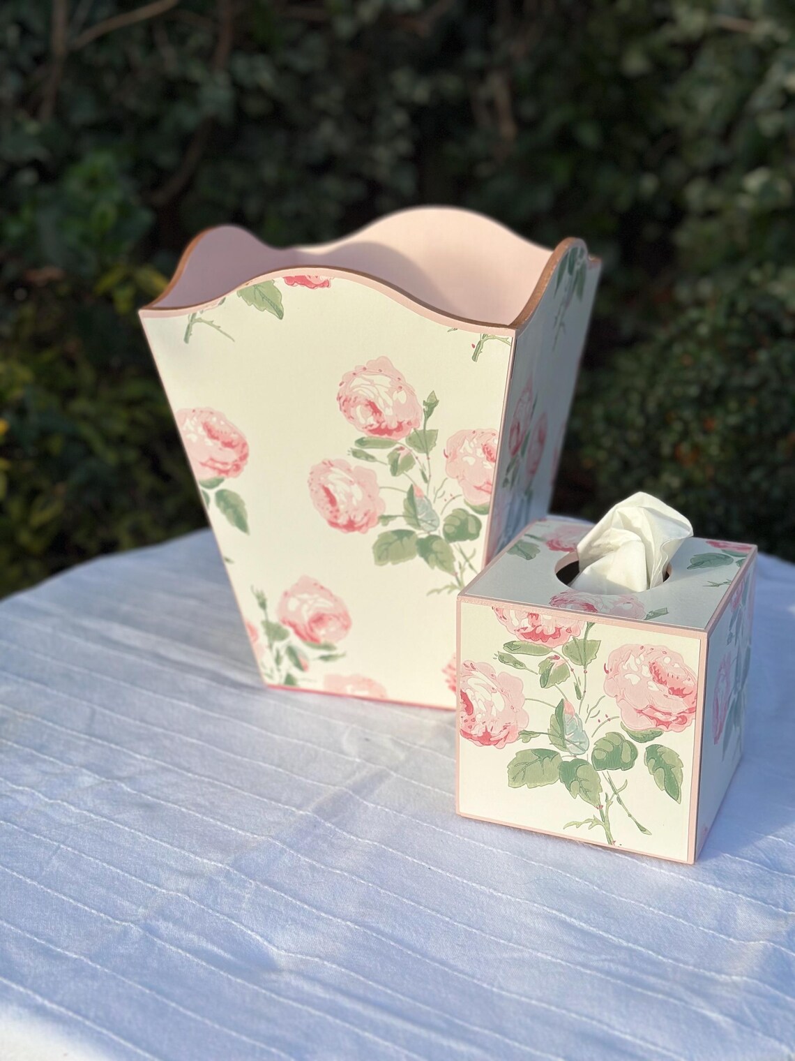 Hand-painted Bowood Roses Waste Bin & Tissue Box Cover - Custom Colors ...