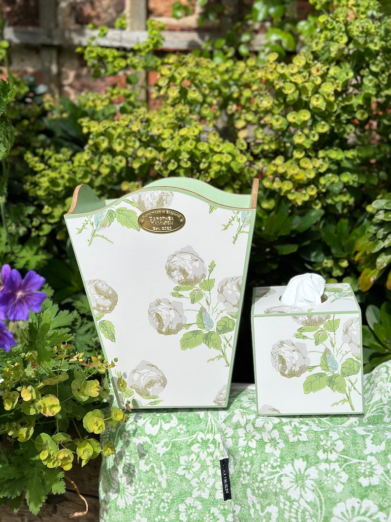 Bowood Roses Silver Leaf Wastepaper Bin & Tissuebox Cover. Trash Can ...