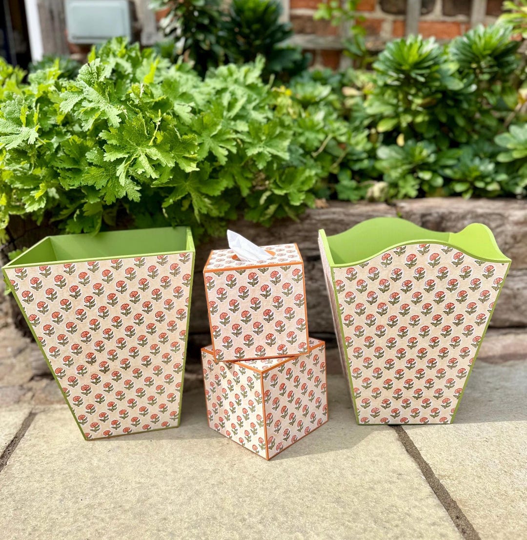 Personalized Floral Wastebasket and Tissue Box Cover Set, Handmade in ...