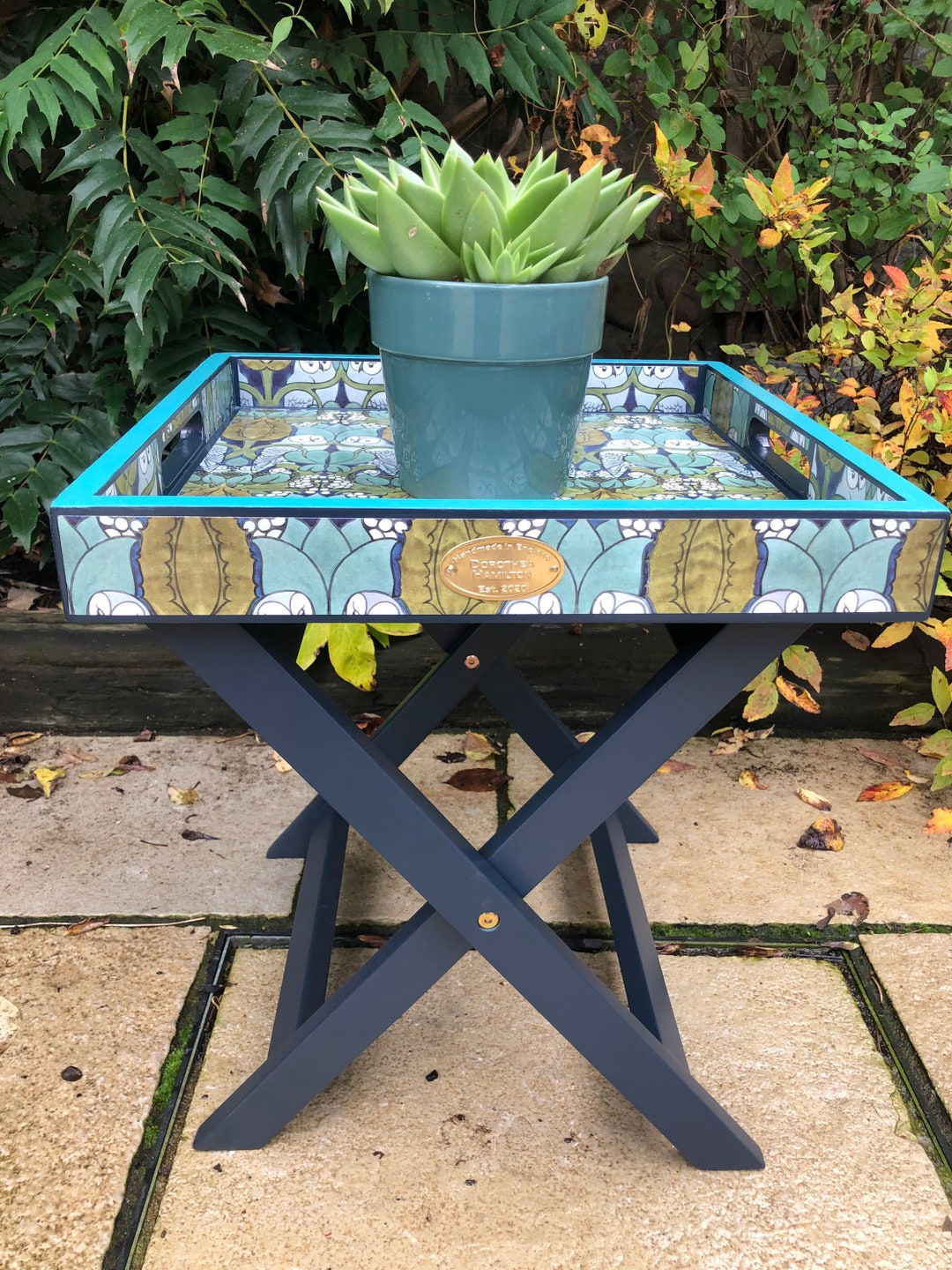 Voysey Owl Tray. Navy Wood Folding Tray on Legs, Side Table, Large ...