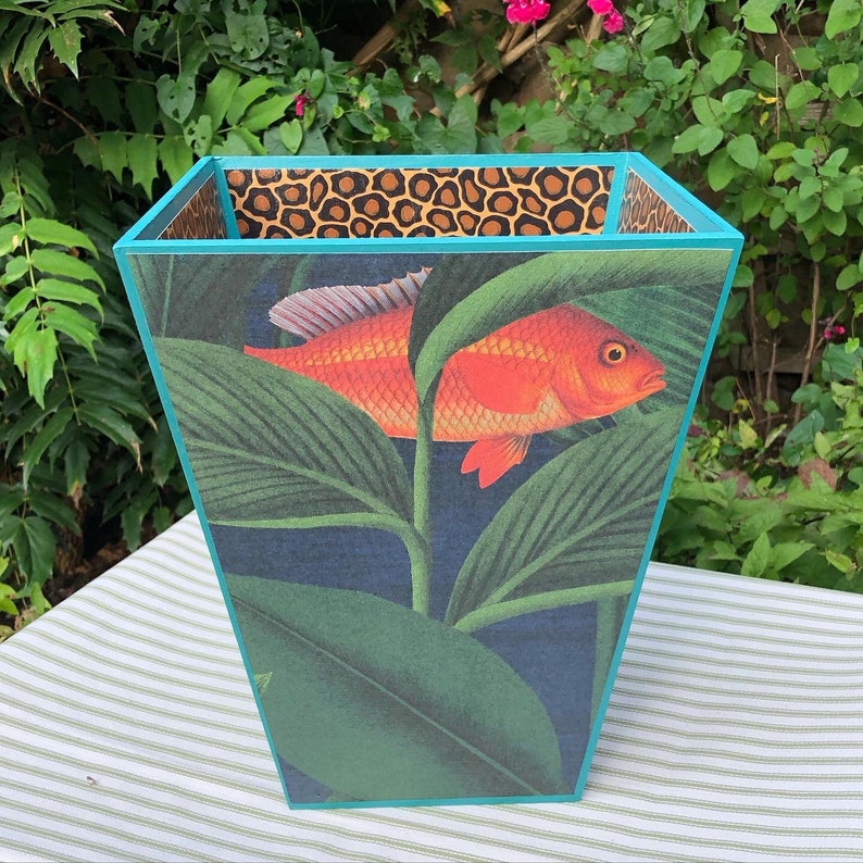 Tropical Fish Leopard Lined Waste Paper Bin & Tissuebox Cover Basket ...