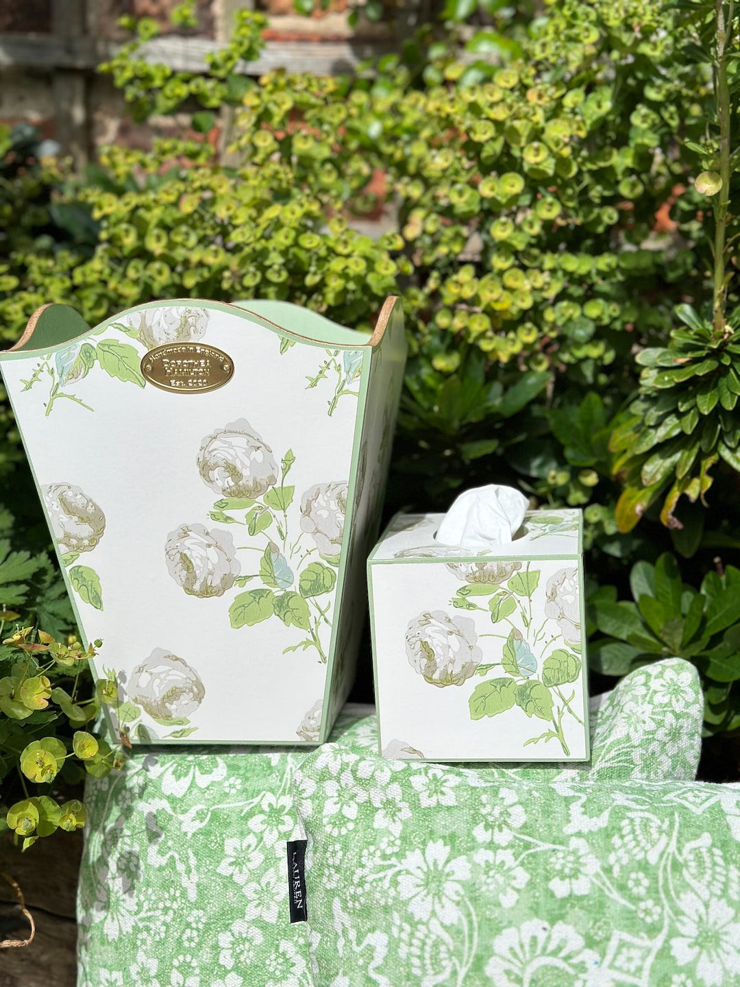 Bowood Roses Silver Leaf Wastepaper Bin & Tissuebox Cover. Trash Can ...