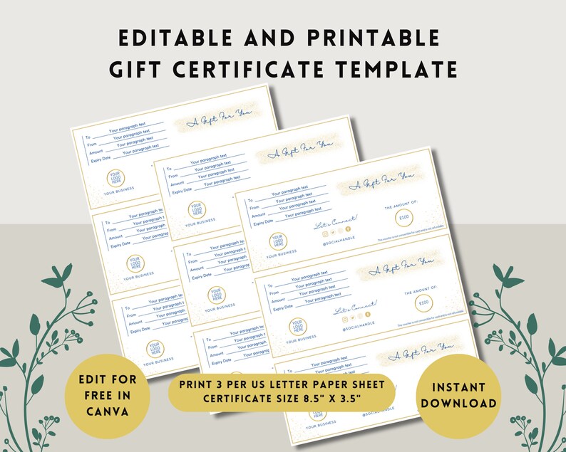 Editable Gift Certificate Template - Printable Gift Card Template ...