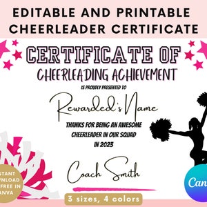 Cheerleading Awards Certificate Editable Printable - Cheer ...
