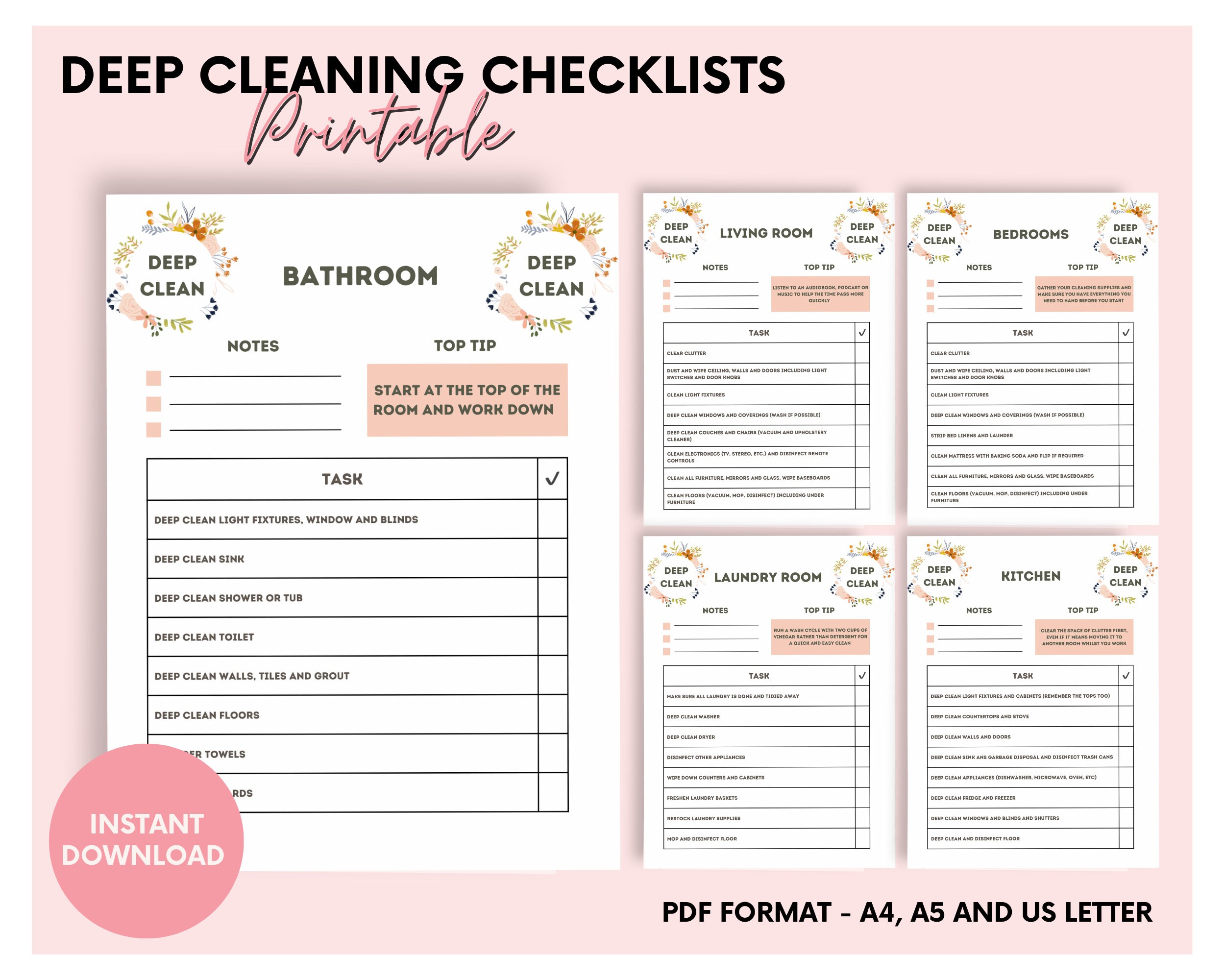 Printable Deep Cleaning Checklists House Cleaning Checklist Kit Spring ...