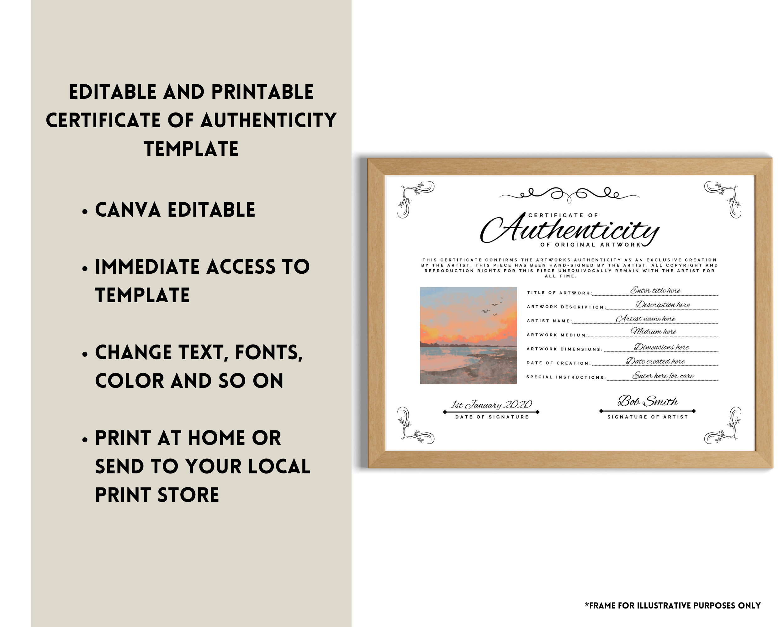 Editable Certificate of Authenticity Template for Artists and Artwork ...
