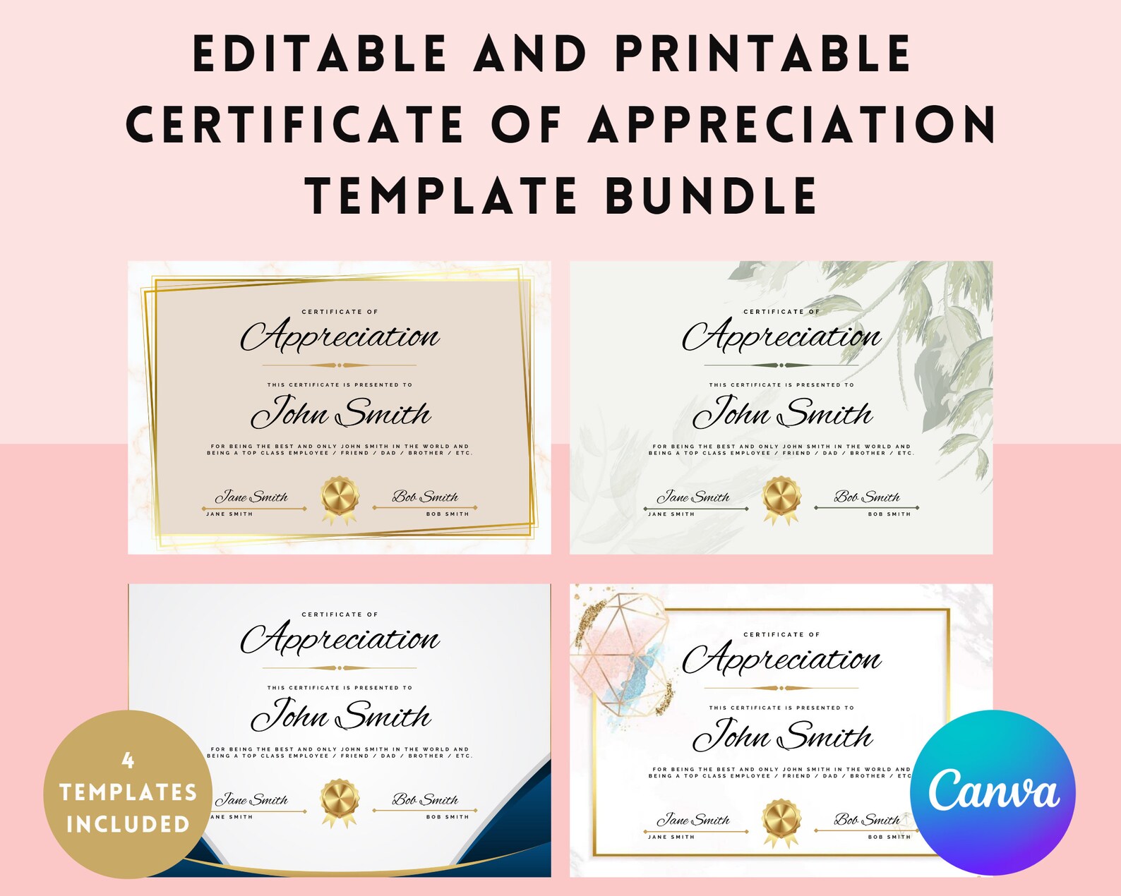 Editable Printable Certificate of Appreciation Template Bundle Sizes 11 ...