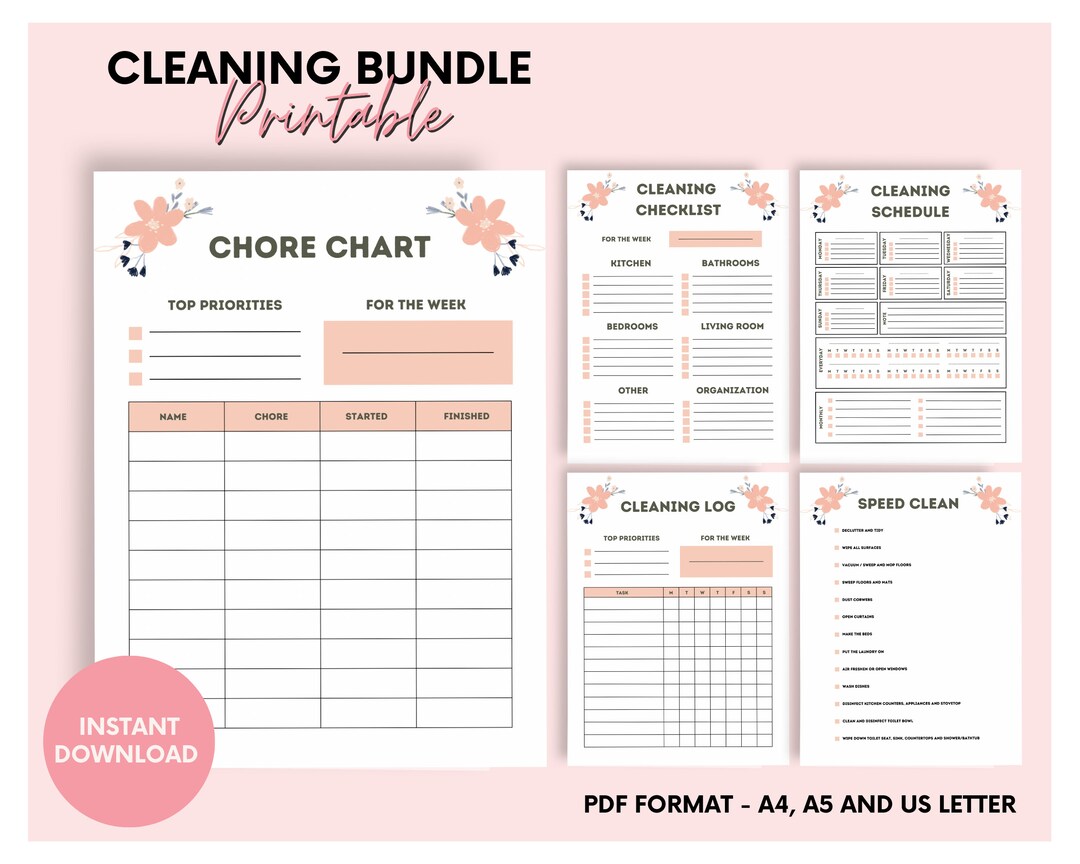 Printable Cleaning Bundle | House Cleaning Checklist Kit | Chore Chart ...