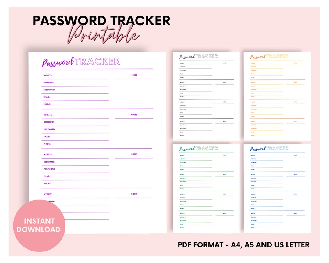 Printable Password Tracker - 5 Colors - Instant Download - Password Log ...