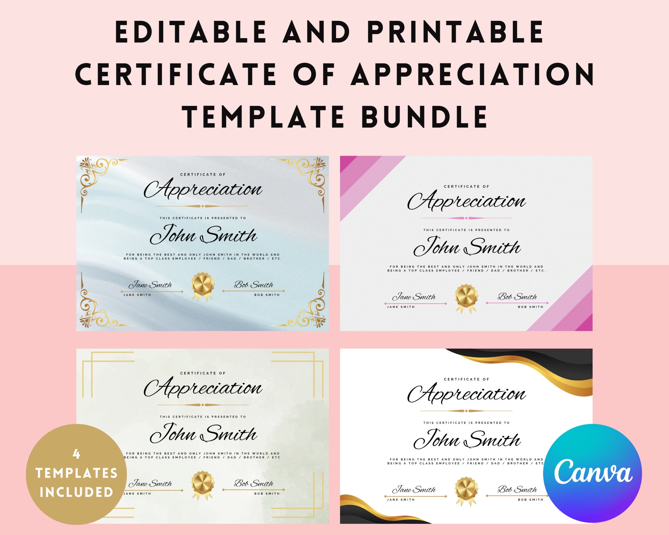 Editable Printable Certificate of Appreciation Template Bundle Sizes 11 ...