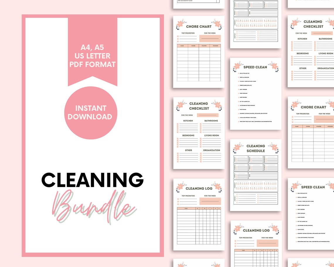 Printable Cleaning Bundle | House Cleaning Checklist Kit | Chore Chart ...