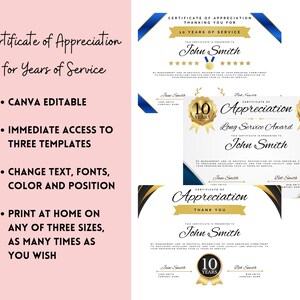 Editable Printable Certificate of Appreciation for Employee Years of ...