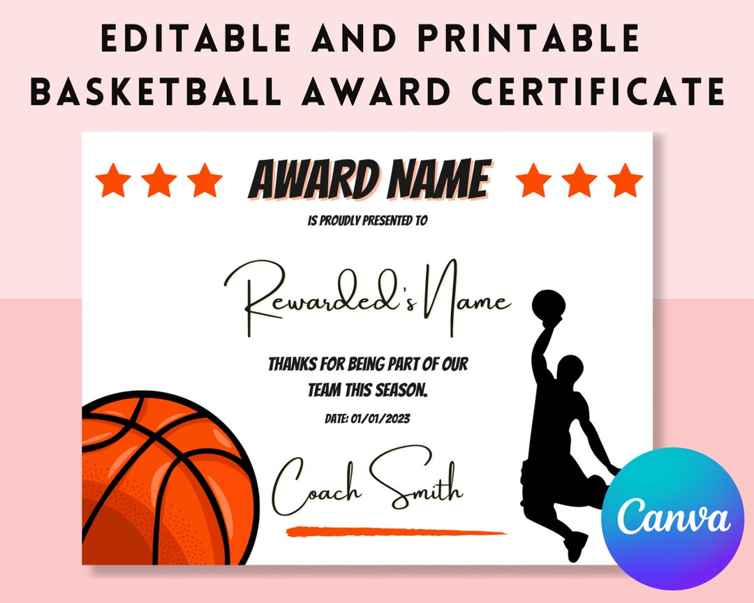 Editable Printable Basketball Awards Certificate | Personalise ...