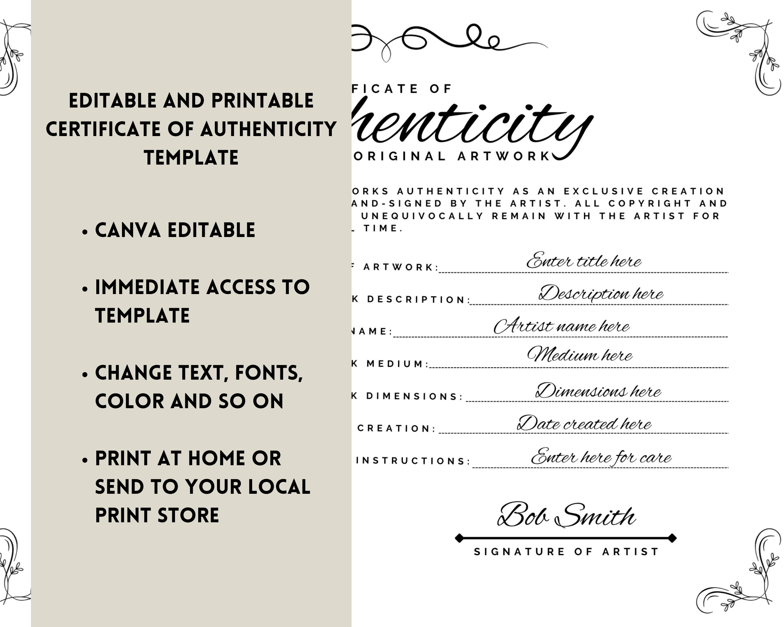 Editable Certificate of Authenticity Template for Artists and Artwork ...