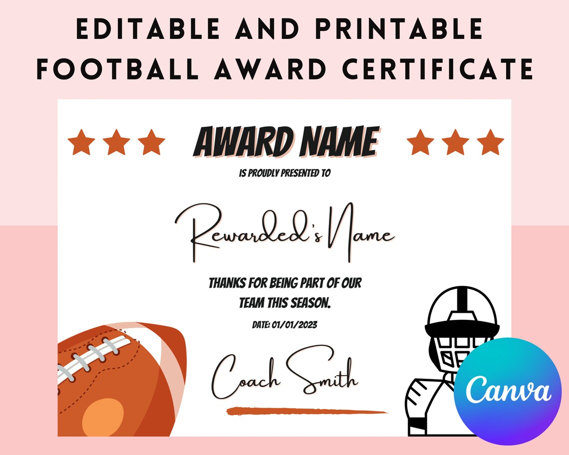 Editable Printable Football Awards Certificate Personalise ...