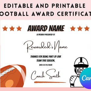 Editable Printable Football Awards Certificate Personalise ...