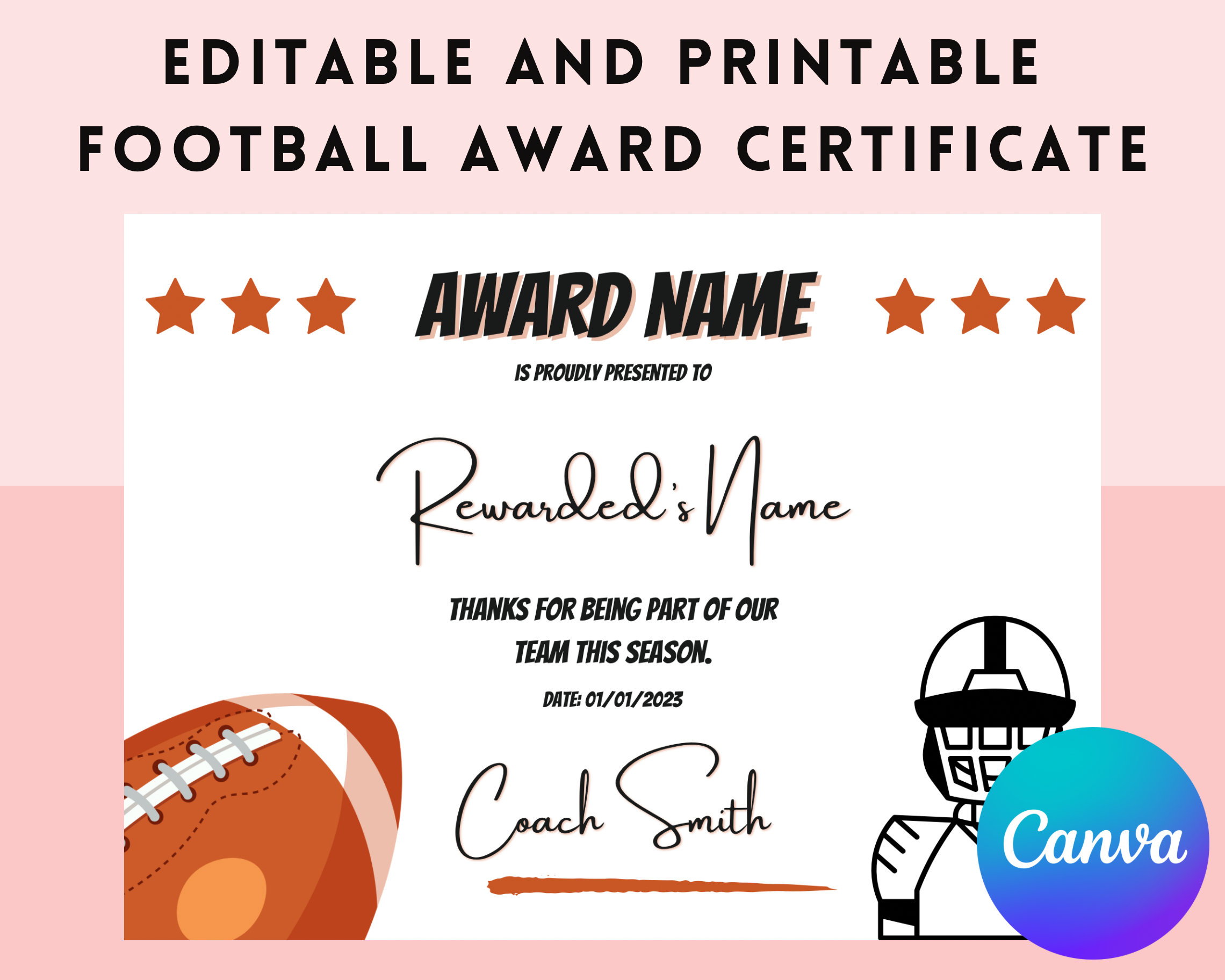 Editable Printable Football Awards Certificate Personalise ...