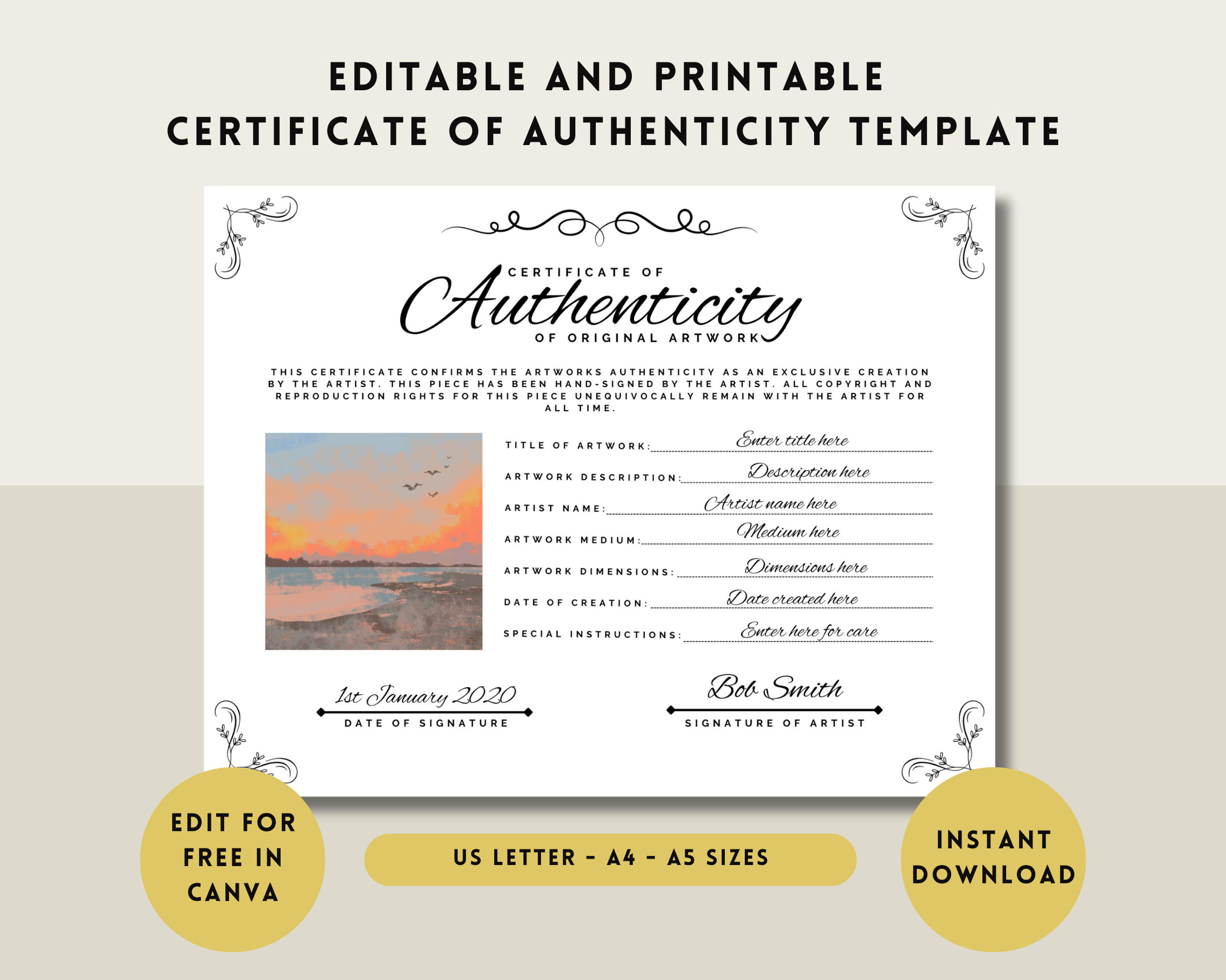 Editable Certificate of Authenticity Template for Artists and Artwork ...