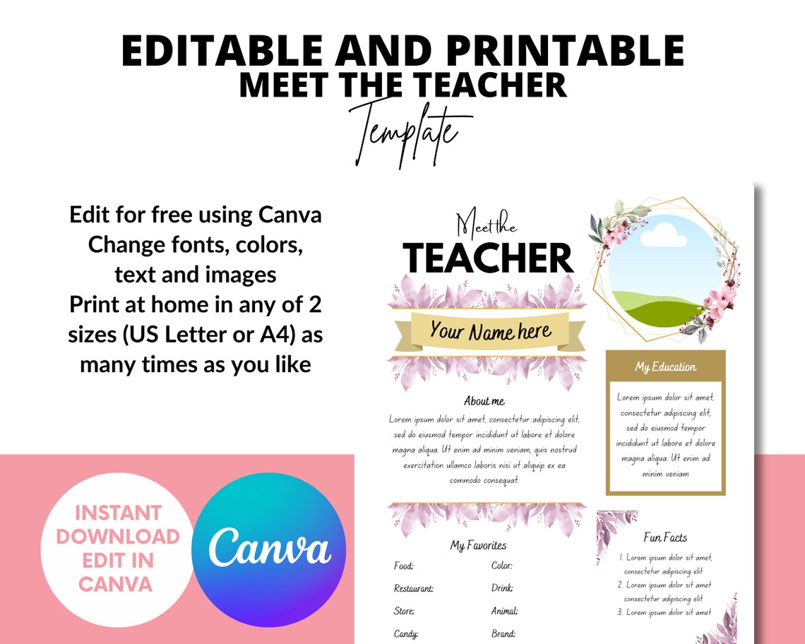 Editable Meet the Teacher Template - Pink Floral - Personalize in Canva ...