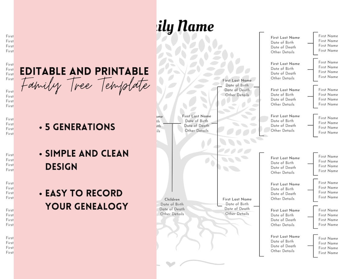 Editable Family Tree Template - Family Tree Chart Printable - 5 ...