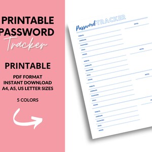 Printable Password Tracker - 5 Colors - Instant Download - Password Log ...