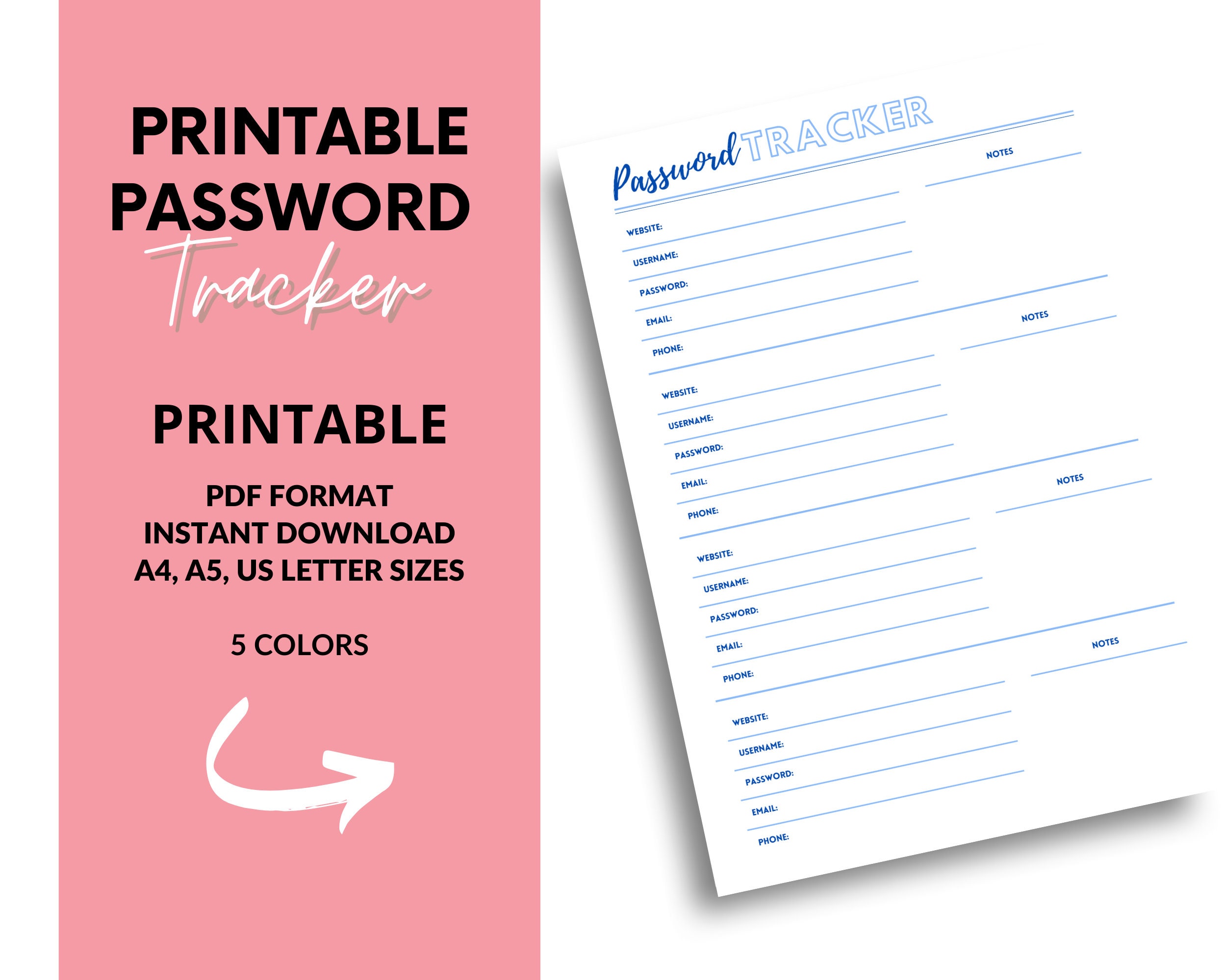 Printable Password Tracker - 5 Colors - Instant Download - Password Log ...