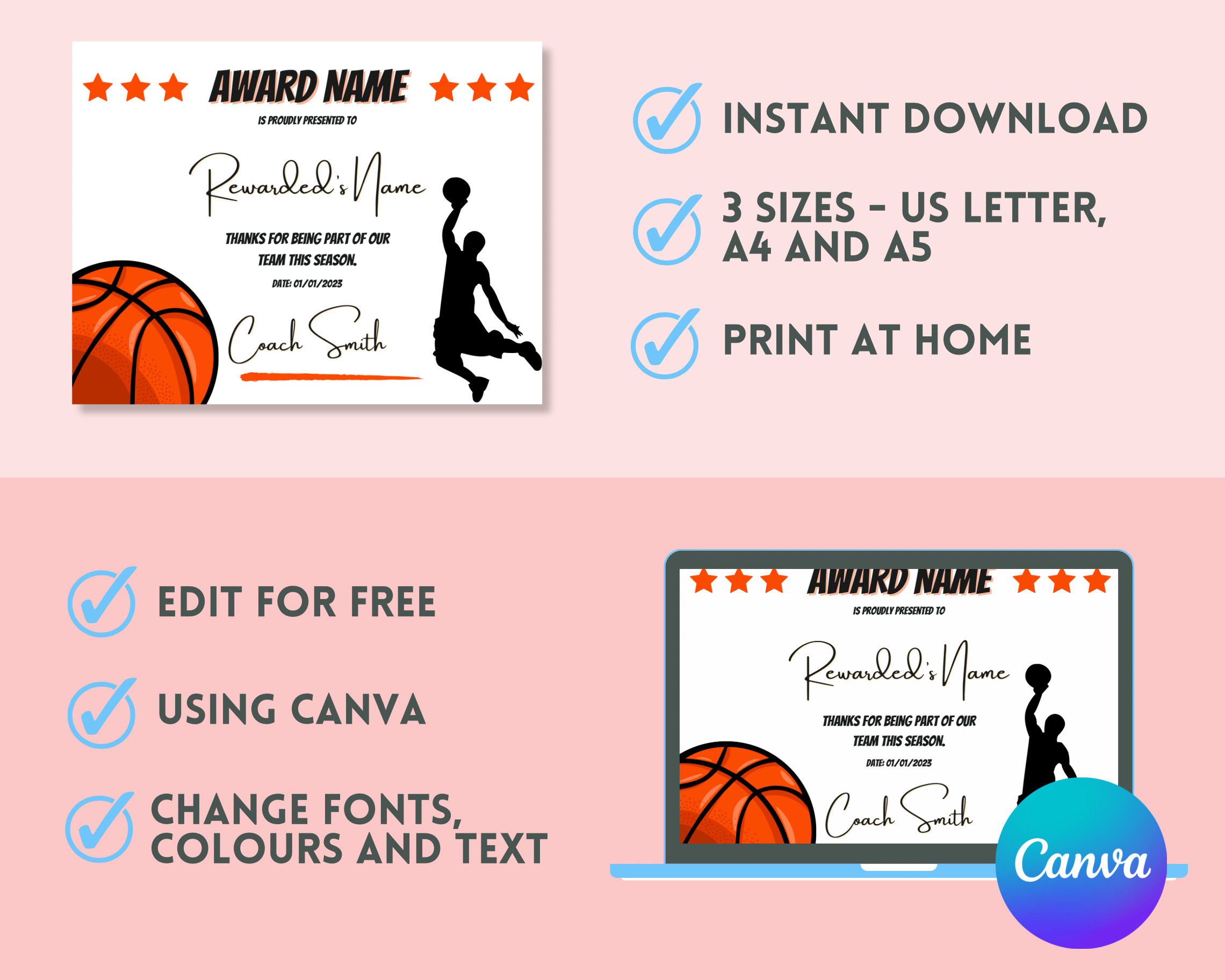 Editable Printable Basketball Awards Certificate | Personalise ...