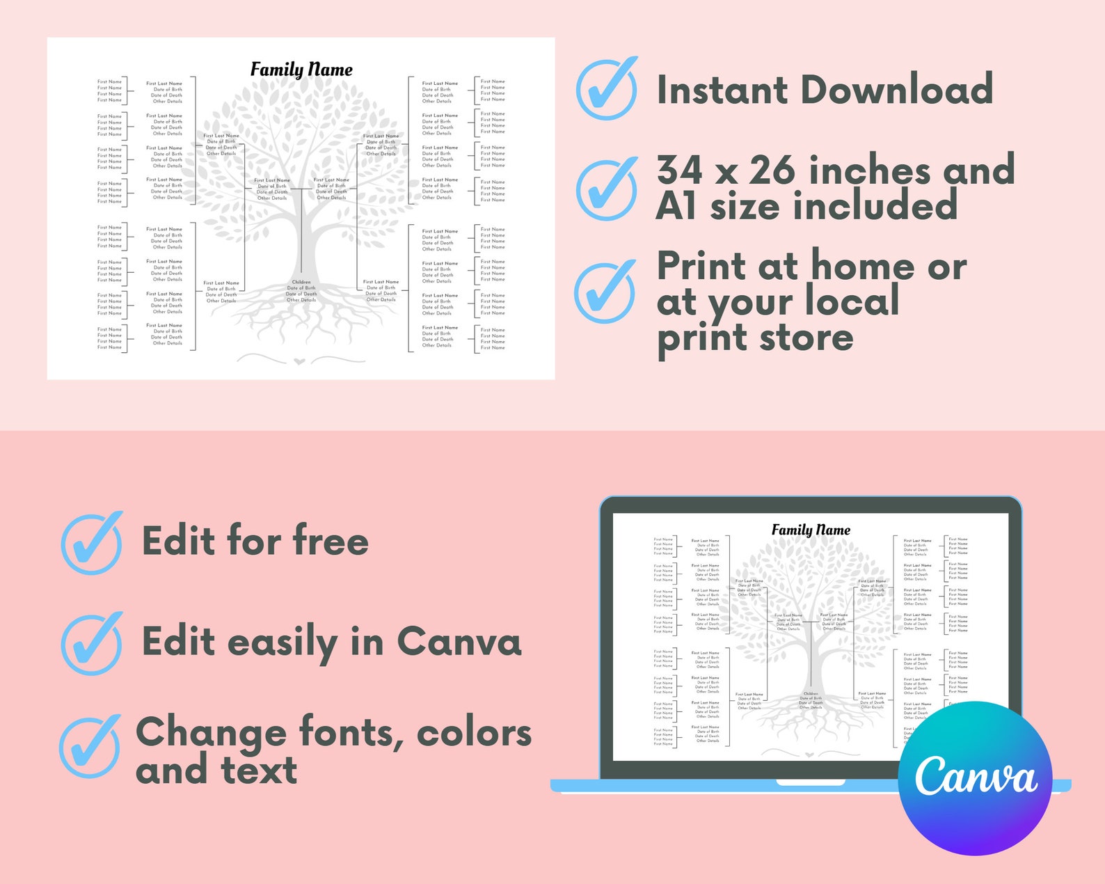Editable Family Tree Template - Family Tree Chart Printable - 5 ...