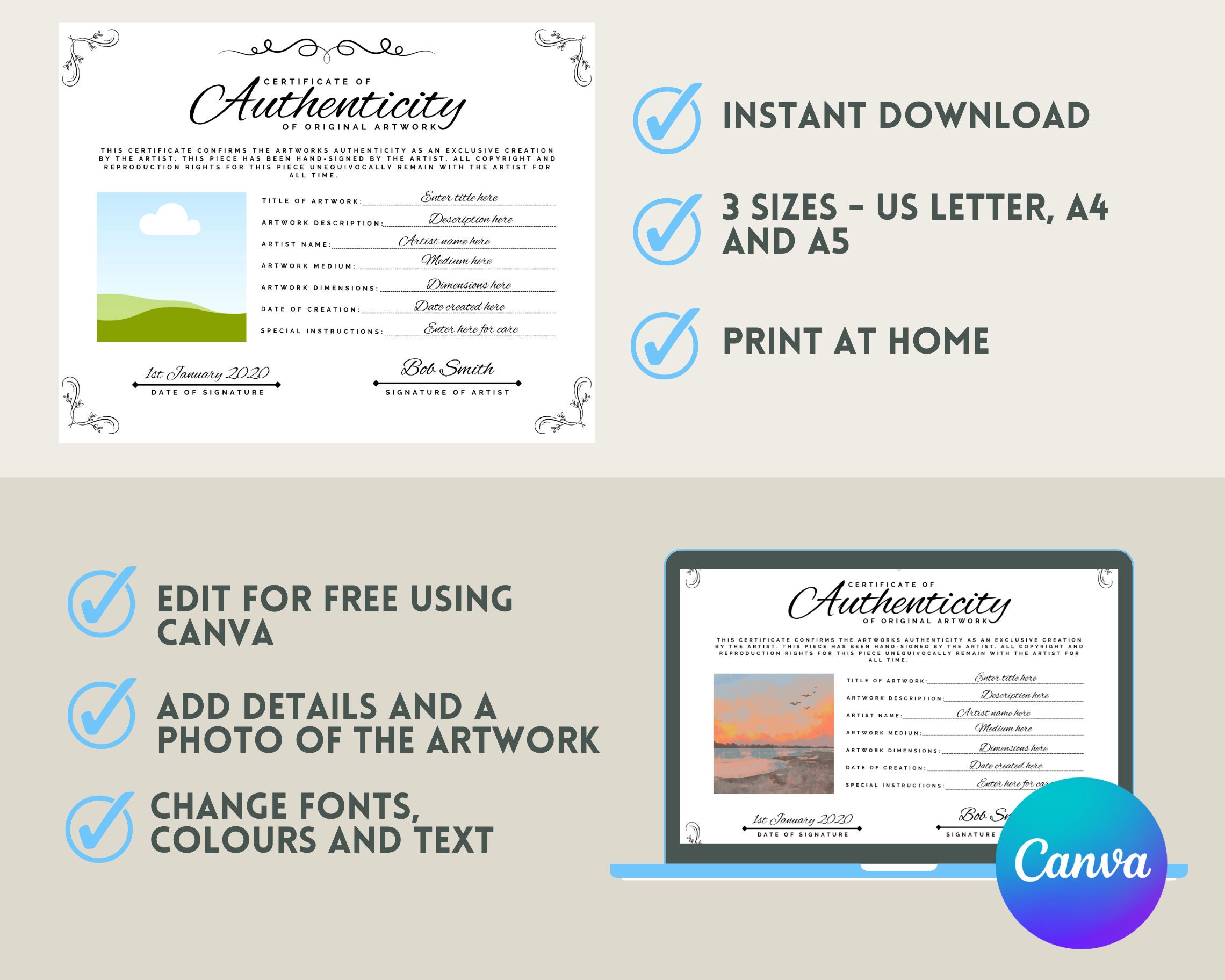 Editable Certificate of Authenticity Template for Artists and Artwork ...